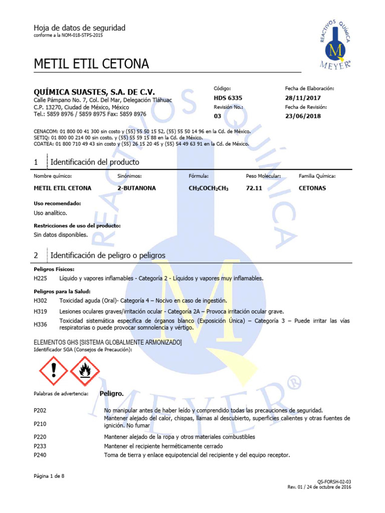 Hoja de Seguridad: Metil Etil Cetona | PDF | Residuos | Reciclaje