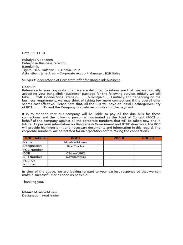 Acceptance Letter - SME (1) Banglalink | PDF