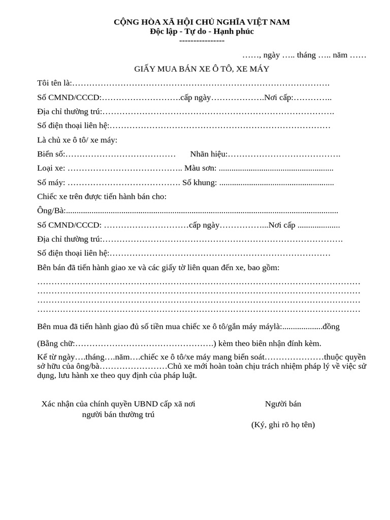Mẫu giấy mua bán ô tô xe máy | PDF