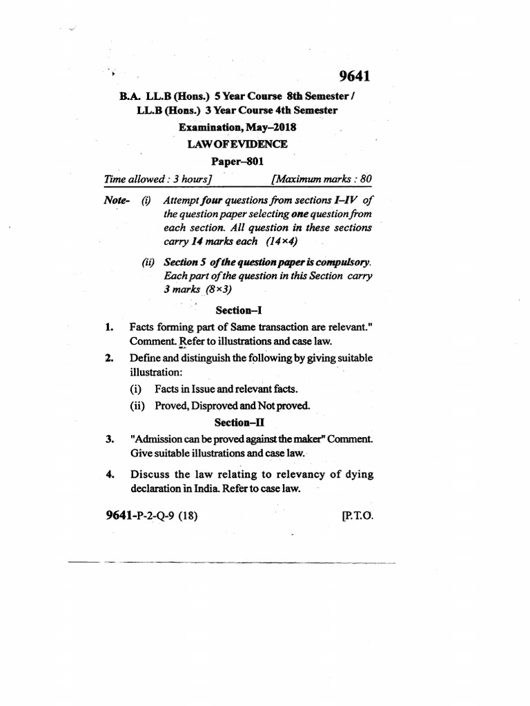 Law of Evidence Exam Question Paper | PDF
