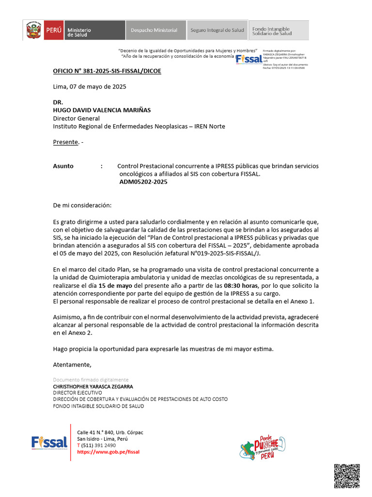 Oficio N°381-2025-Sis-Fissal-Dicoe - Iren Norte | PDF | Quimioterapia ...