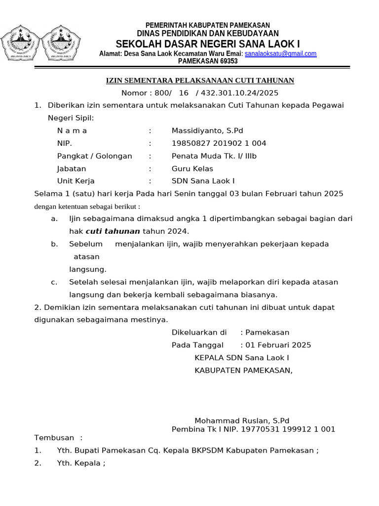 Surat Ket Ijin Cuti TGL 3 | PDF