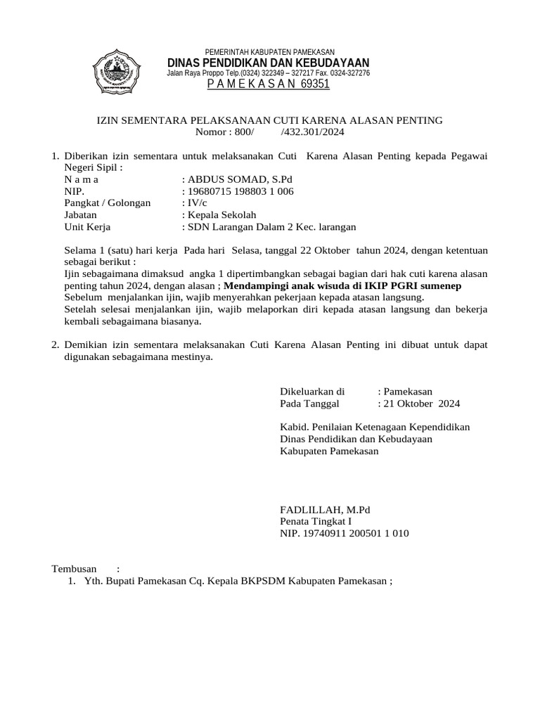 Formulir Cuti 1 Hari .Kepsek | PDF