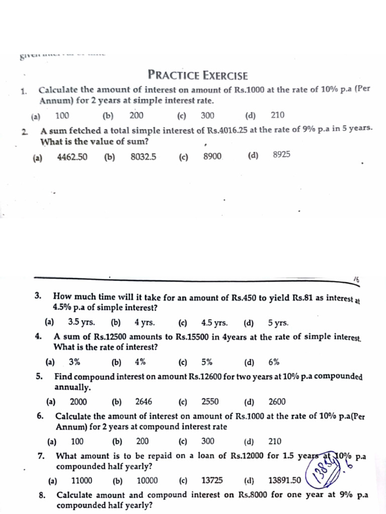 Simple and Compound Interest Practice Exercise | PDF