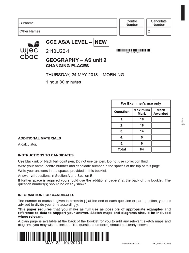 WJEC AS Geography Exam Paper 2018 | PDF