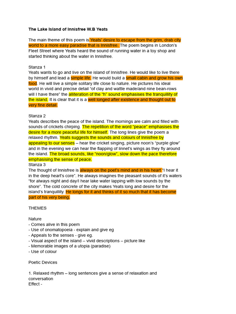 The Lake Island of Innisfree W.B Yeats | PDF