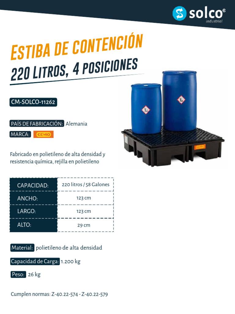 Ficha Tecnica CEMO Estiba 220 Litros ALTA | PDF