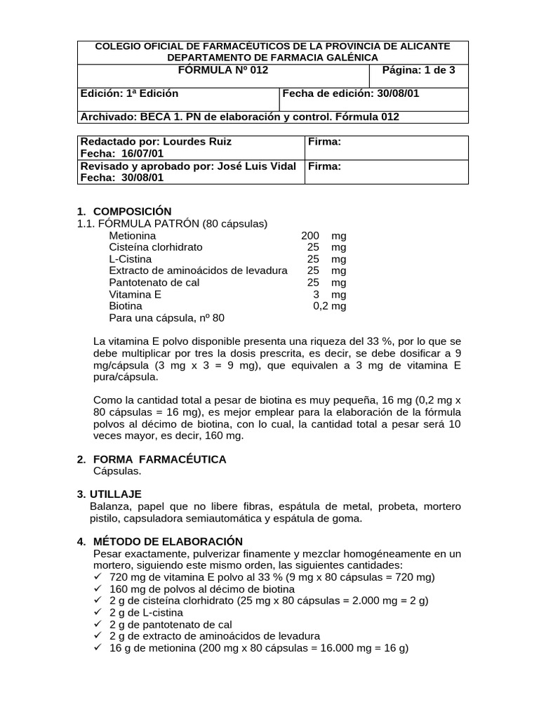 Fórmula de Cisteína en Cápsulas | PDF | Ciencias farmacéuticas | Farmacia
