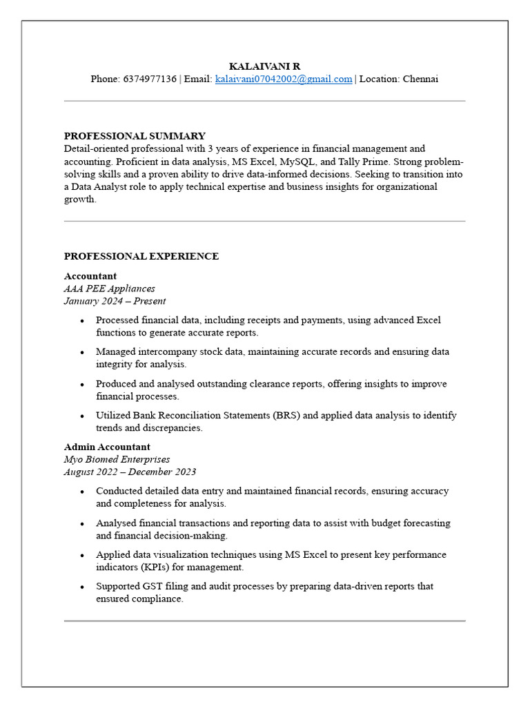 Kalaivani R - Data Analyst (Resume 2025) | PDF | Data Analysis | Data