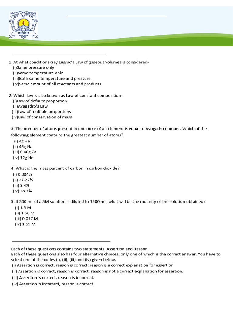 Some Basic Concepts of Chemistry Worksheet | PDF | Mole (Unit) | Molecules