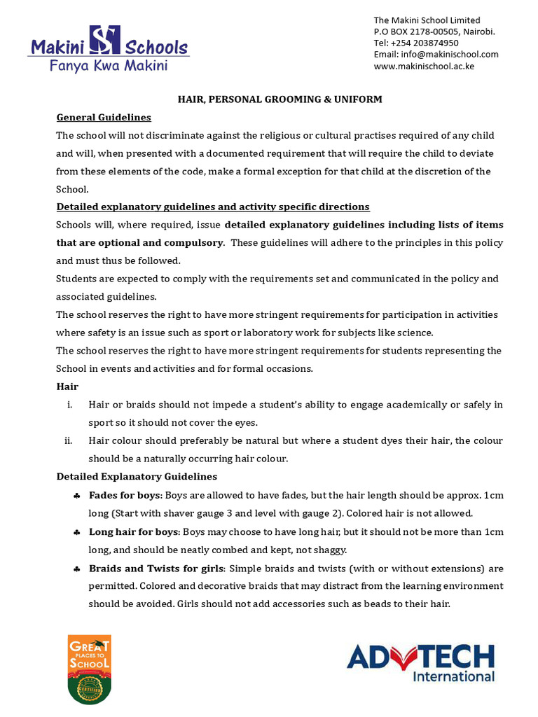 Makini School Hair and Uniform Guidelines | PDF | Hairstyle | Human Hair