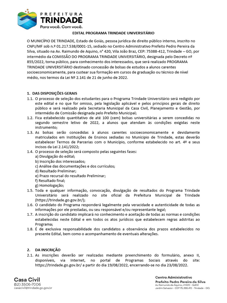Edital Programa Trindade Universitário | PDF