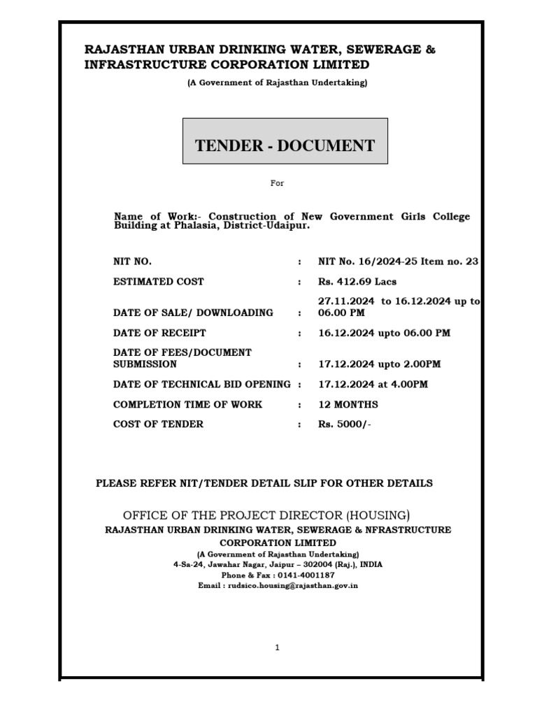 Rajasthan Girls College Building Tender | PDF | Concrete | Revenue