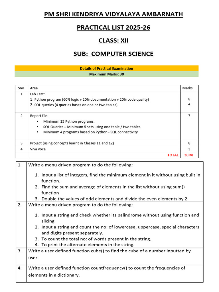 Class 12 CS Practical List 2025 | PDF | Letter Case | Text File