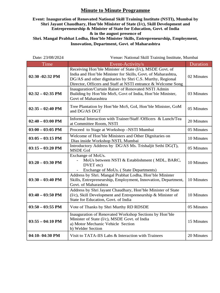 Final-Minute to Minute Program_MoS Visit 23.08.2024 - V1 | PDF