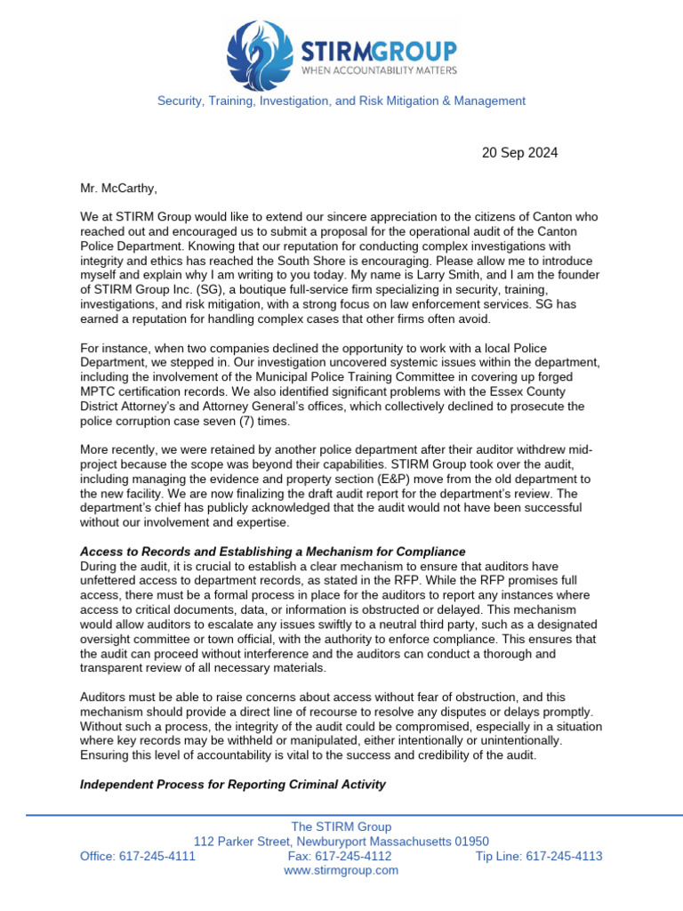 Canton Audit Proposal Response Letter | PDF | Prosecutor | Audit