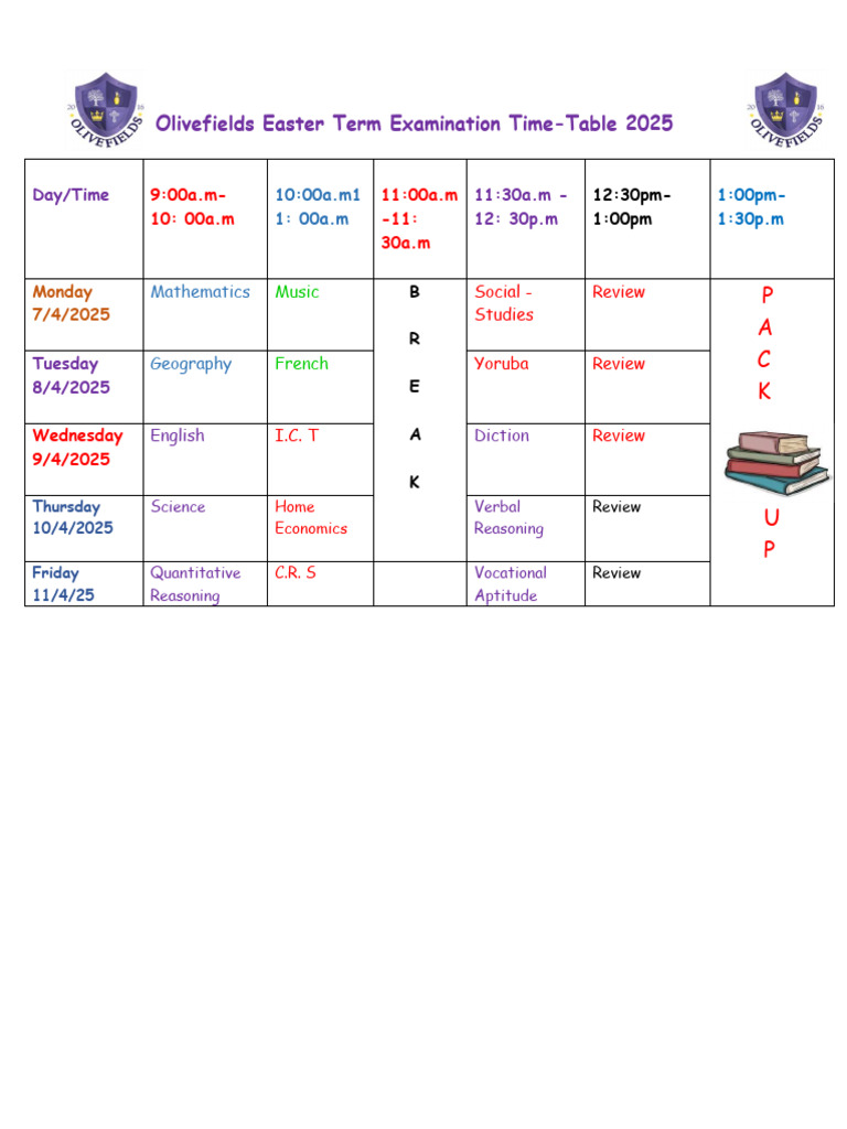 Olivefields School Easter Term Examination Timetable 2025 | PDF