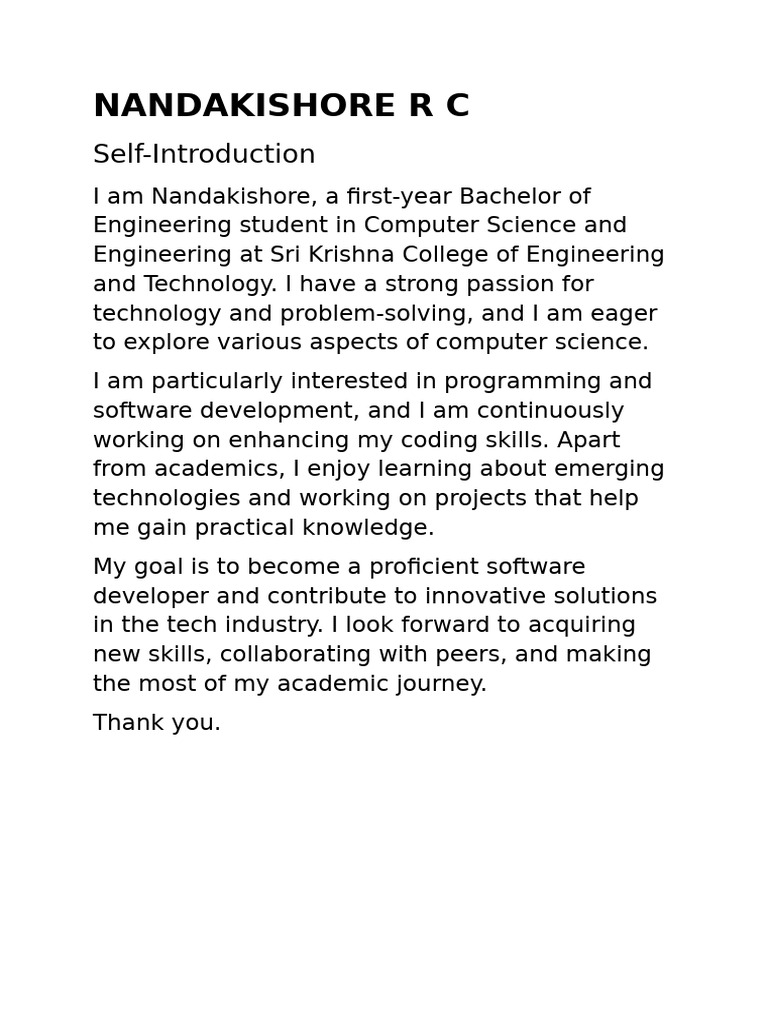 Nandakishore Self Intro | PDF