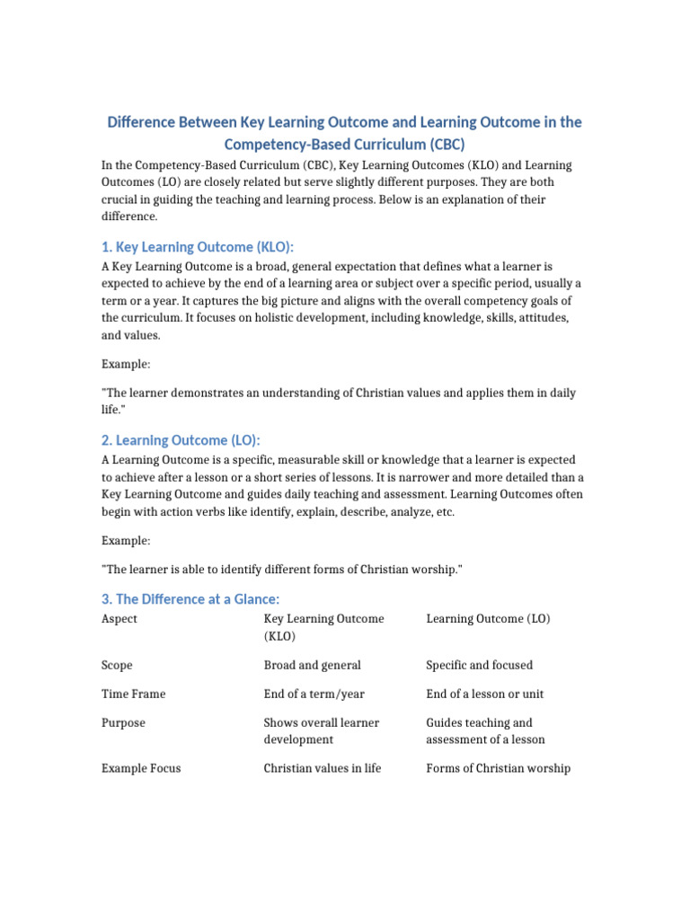 Key Learning Outcome Vs Learning Outcome | PDF