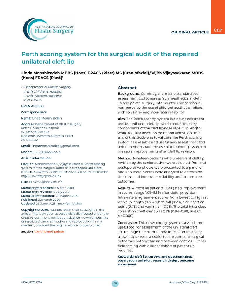 Perth Scoring System For Assessment of The Cleft Lip | PDF | Surgical Specialties | Surgery