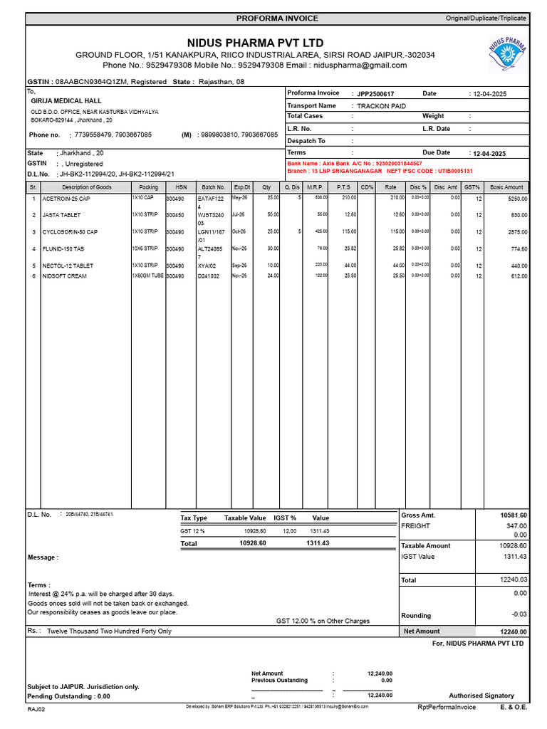 Nidus Pharma Proforma Invoice Details | PDF | Taxes | Government Finances