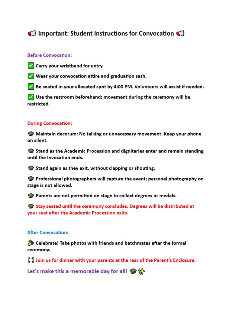 Students Instruction_8th Pu Convocation_05!12!24 | PDF