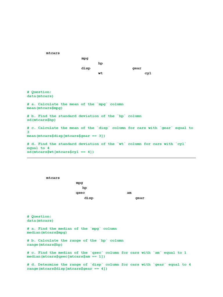 Practice Questions On Central Tendency On Mtcars | PDF | Data Analysis ...