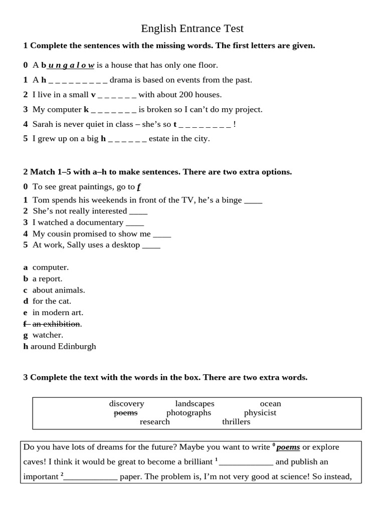 8th Form English Test Overview | PDF