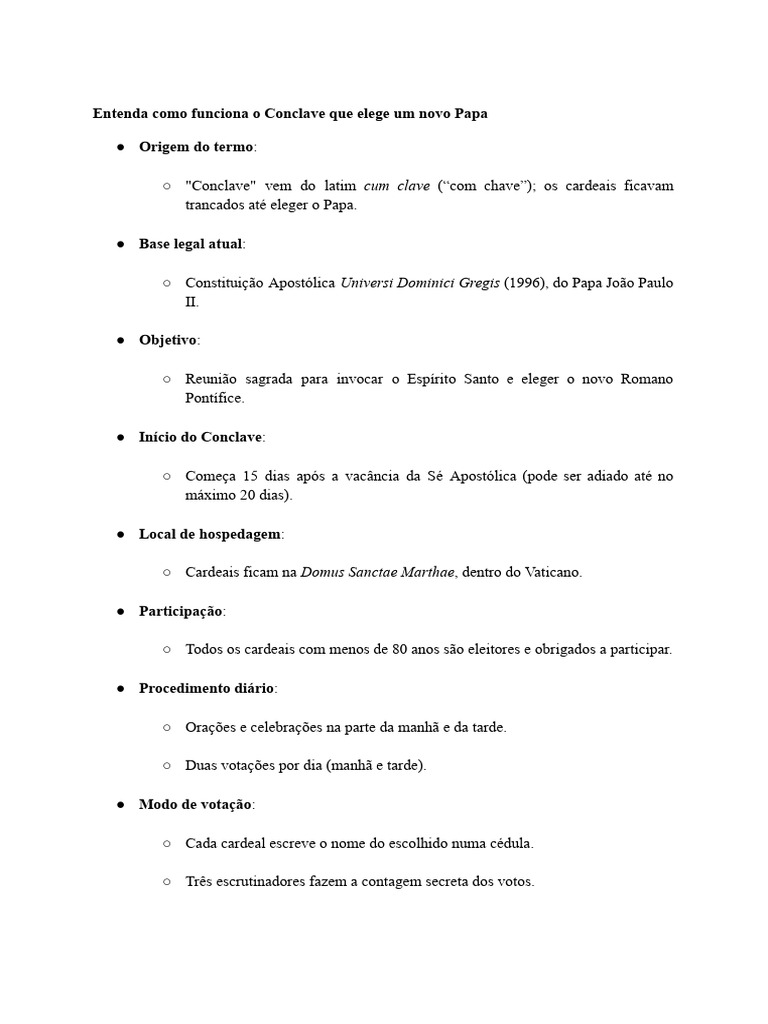 Entenda Como Funciona o Conclave Que Elege Um Novo Papa | PDF