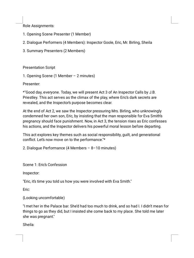 Role Assignment - For Practical Inspector Calls | PDF