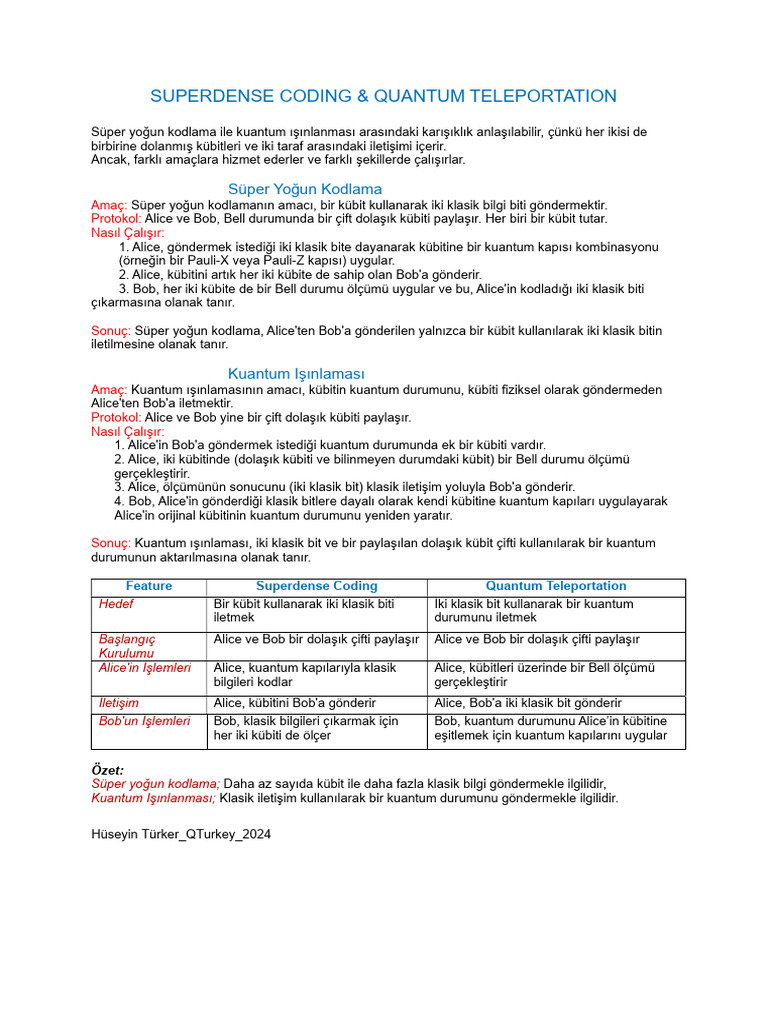 Superdense Coding Quantum Teleportation Karşılaştırma | PDF