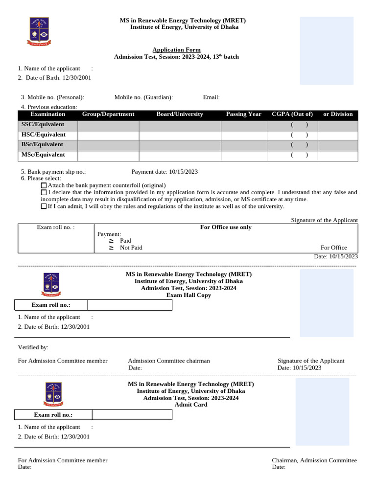 MRET Admission Form 2023-24 | PDF | Educational Assessment And Evaluation | Educational Stages