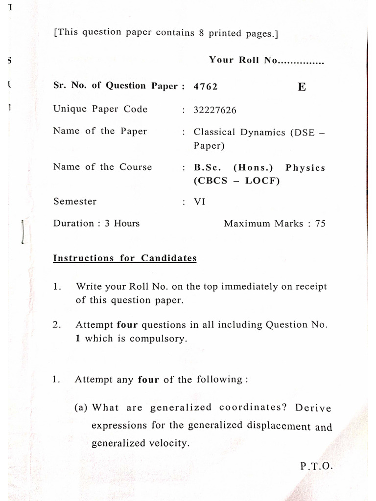 Du Phy (H) Classical Dynamics Pyq | PDF