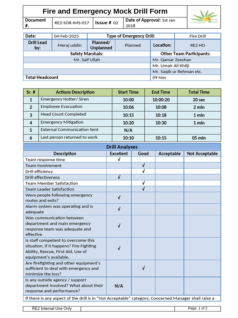 Fire and Emergency Mock Drill Form-2025 | PDF | Civil Defense | Public Safety