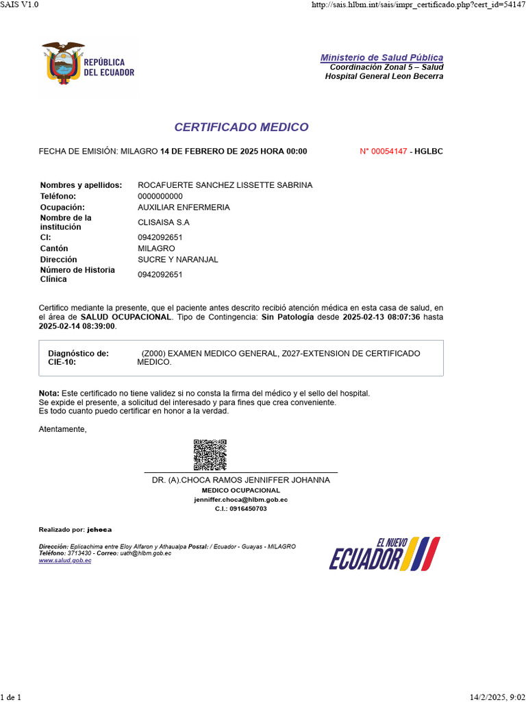 Certificado de Salud MSP | PDF | Especialidades Medicas | Ciencias de la Salud