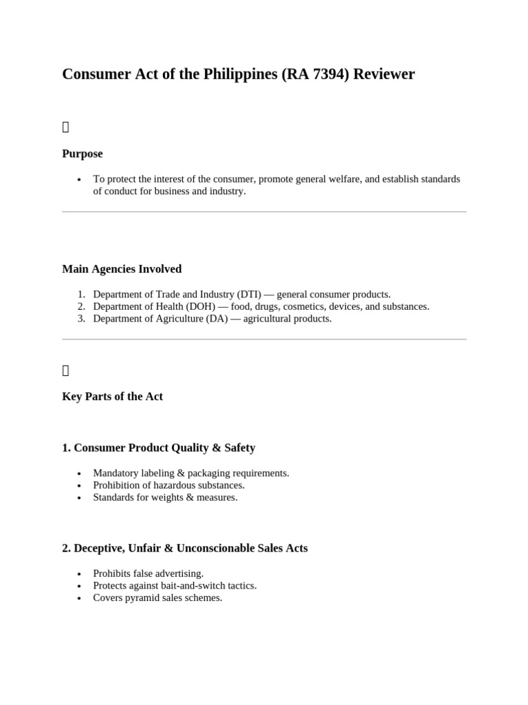 Consumer Act of The Philippines (RA 7394) Reviewer: Purpose | PDF