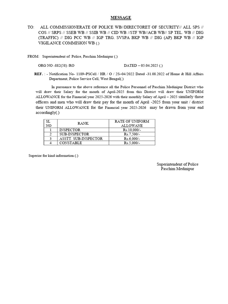 2025 West Bengal Police Uniform Allowance | PDF