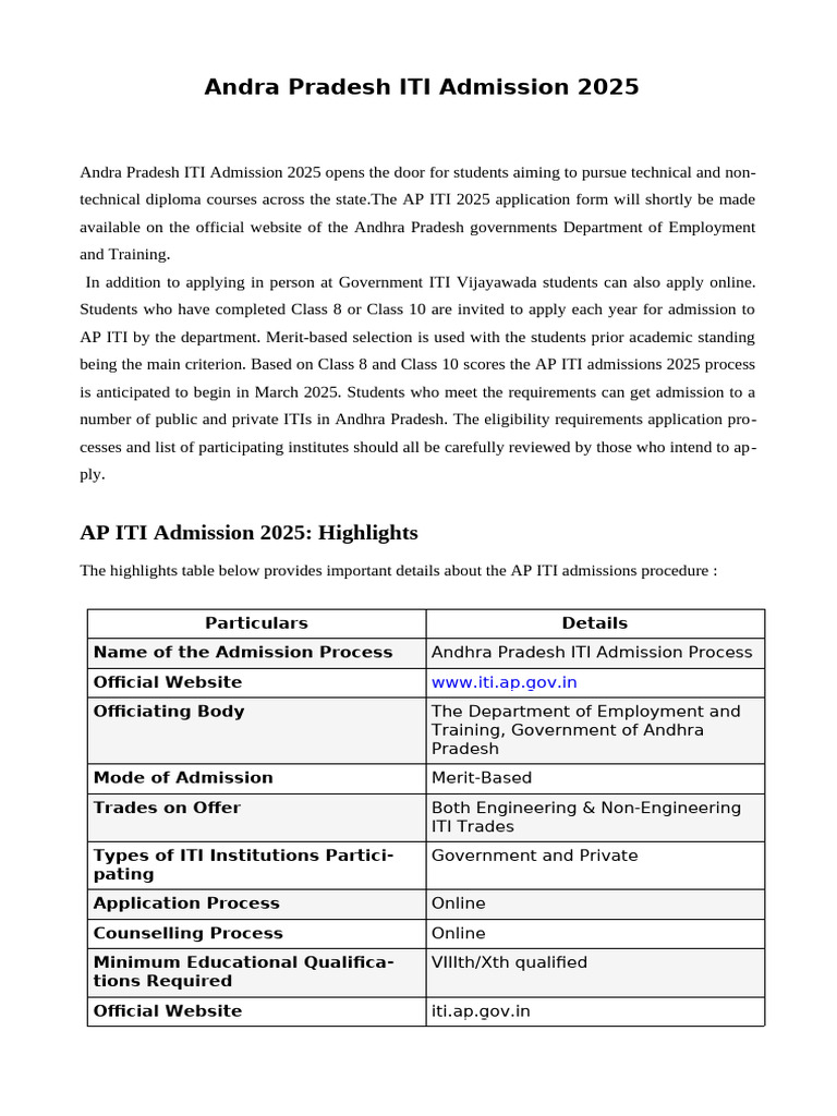 AP ITI Admission 2025 Overview | PDF