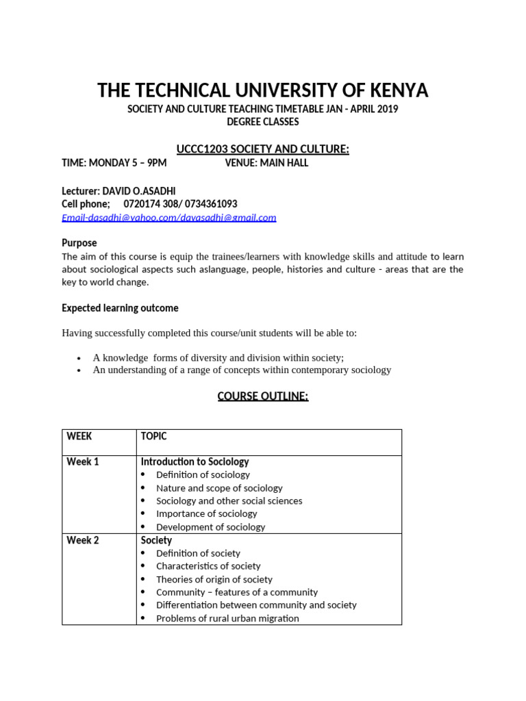 Society and Culture Course Timetable | PDF | Sociology | Socialization