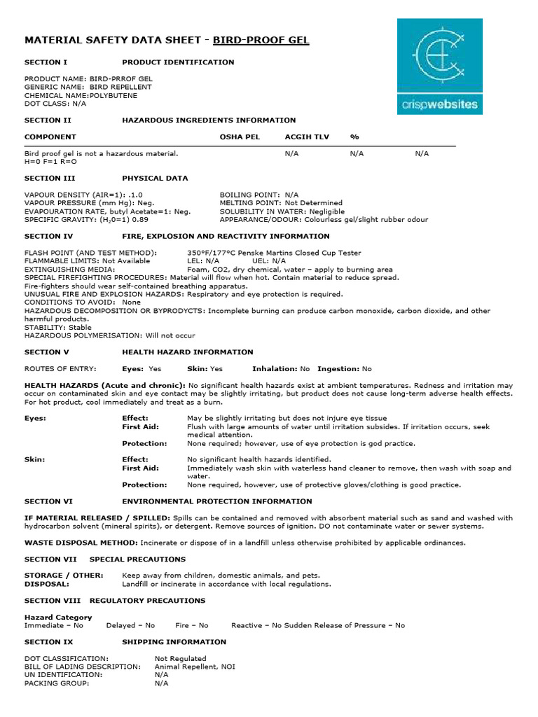 Bird Proof Gel Safety Data Sheet 1 | PDF | Carbon Dioxide | Incineration
