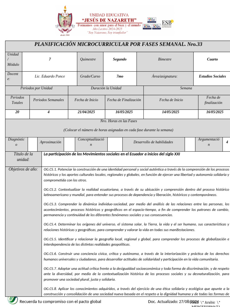 Plan Semanal 33 Unidad5!24!25 7mo Eess Eduardo Ponce | PDF | Ecuador | Maestros