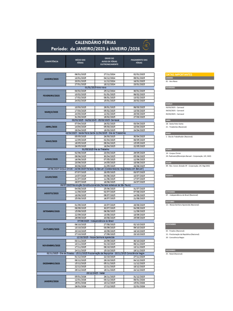 Calendário de Férias 2025 | PDF | Comemorações | Brasil