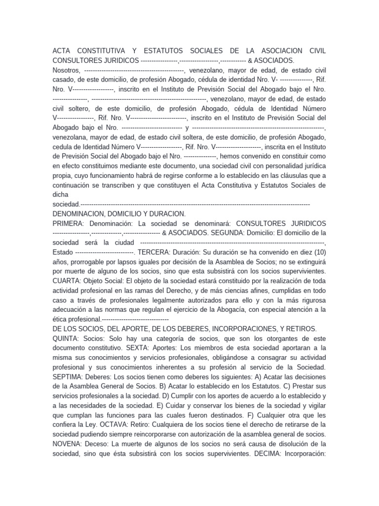 ACTA CONSTITUTIVA Y ESTATUTOS SOCIALES DE ASOCIACION CIVIL | PDF | Sociedad de responsabilidad ...