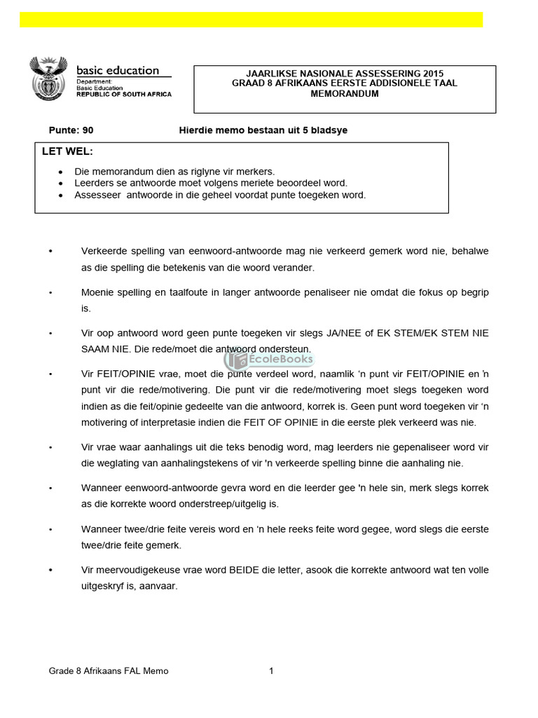 2015 GRADE 8 AFRIKAANS FIRST ADDITIONAL LANGUAGE - FAL MEMO Ecolebooks ...