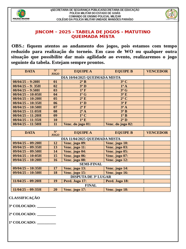 Tabela de Jogos Jincom 2025 - Queimada Mista | PDF