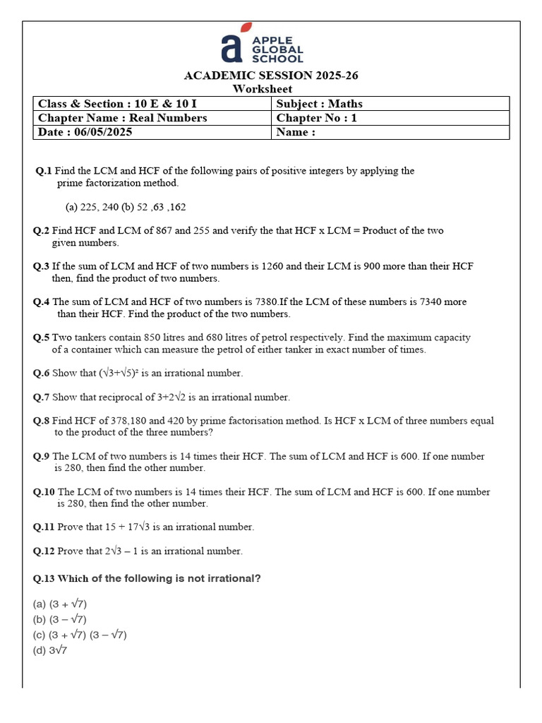Class 10 Maths: Real Numbers Worksheet | PDF