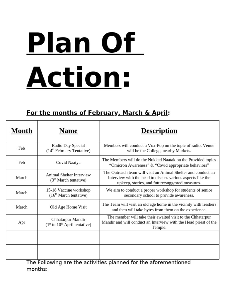 Plan of Action For Feb, March & April | PDF