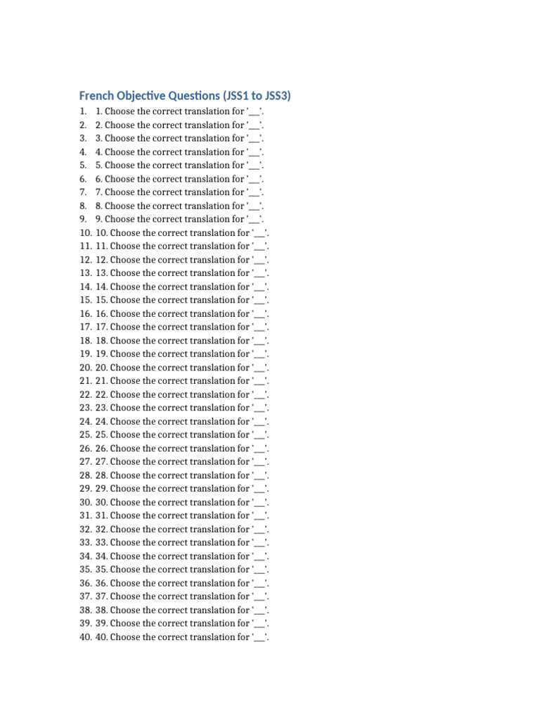French Objective Questions JSS1 To JSS3 | PDF