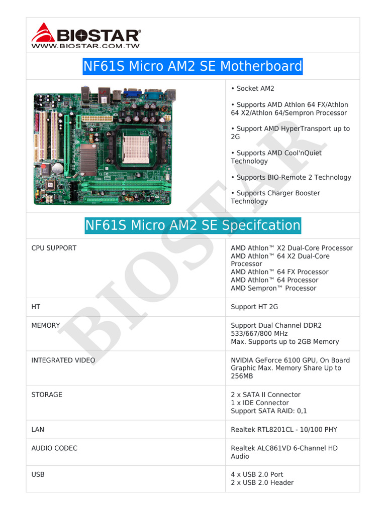 BIOSTAR - NF61S - Micro - AM2 - SE - SPEC Manual Old | PDF | Computer Engineering | Computing