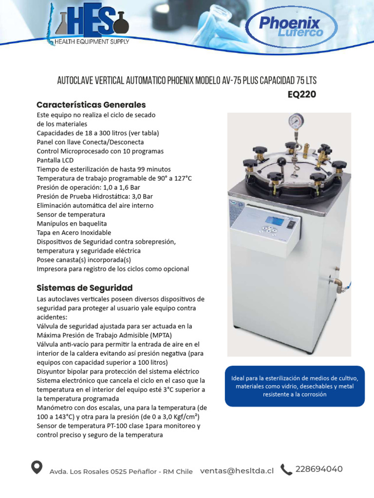 Eq220 Autoclave Vertical Automatico Phoenix Modelo Av 75 Plus Capacidad ...